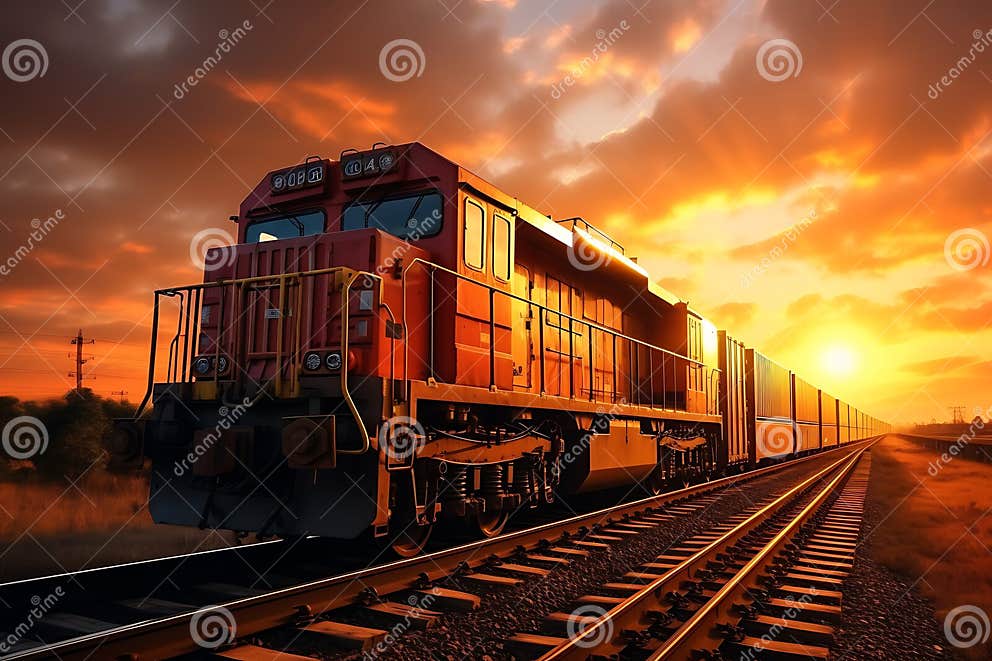 Freight Train at Sunset. Freight Transportation of Goods by Rail Stock ...