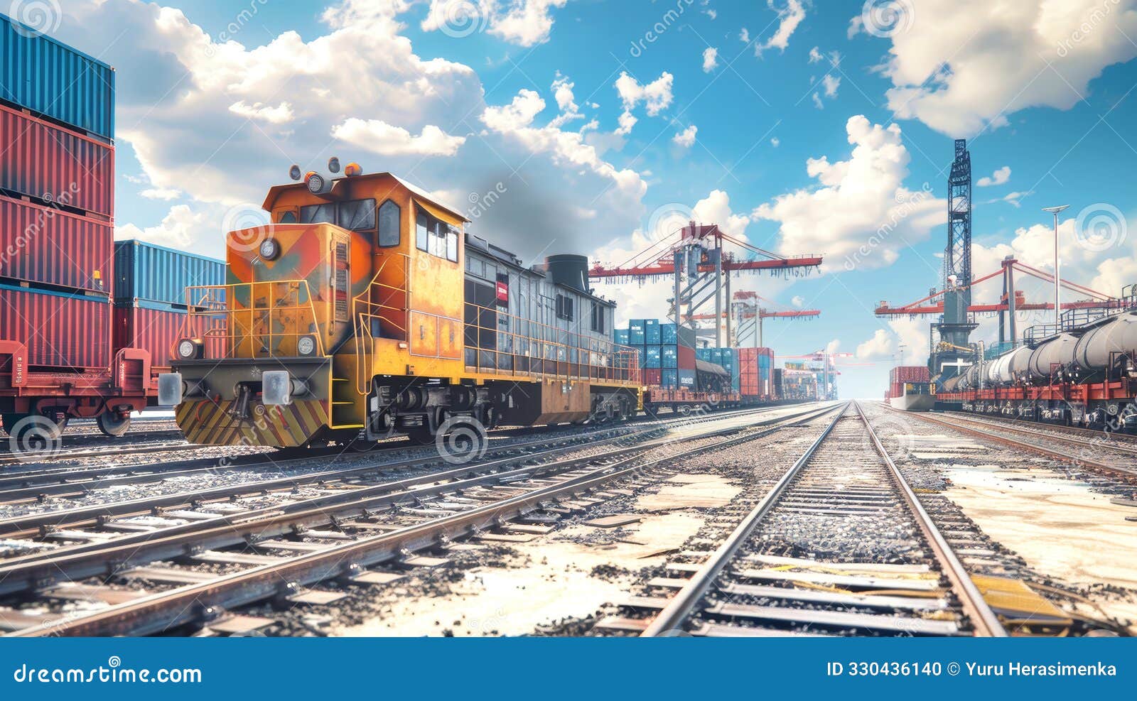 A Freight Train Transporting Containers Rests on the Berth with a ...