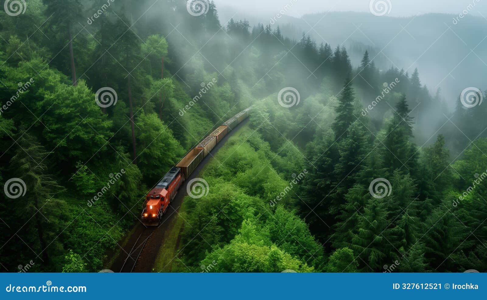 Freight Train Winding through a Misty Forest Landscape Stock Image ...