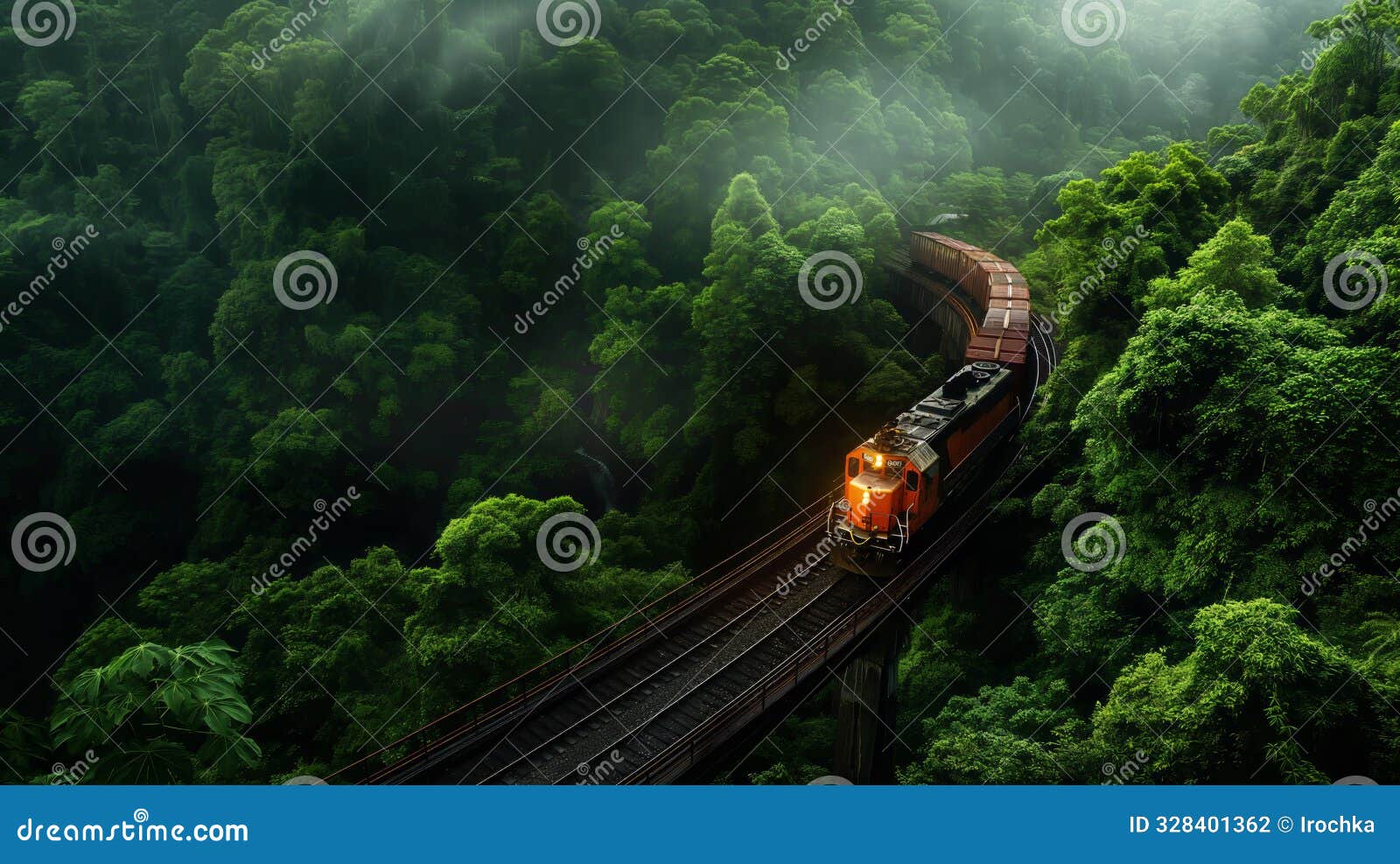 Freight Train Winding through a Misty Forest Landscape Stock Photo ...