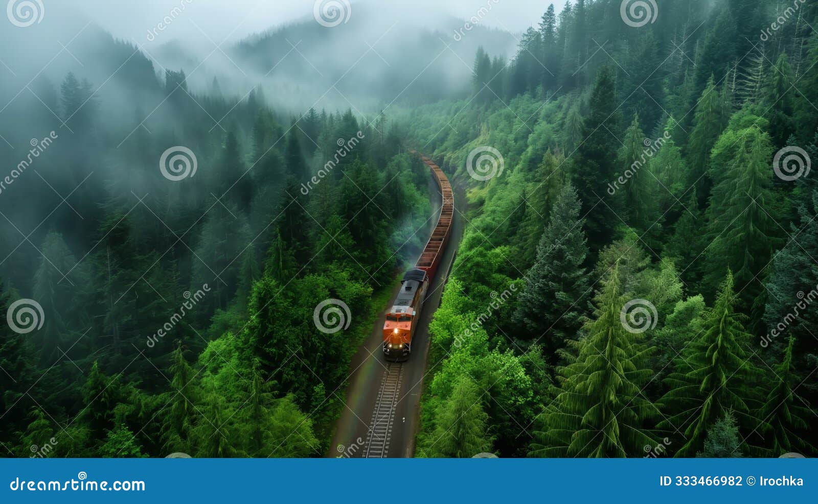 Freight Train Winding through a Misty Forest Landscape Stock Photo ...