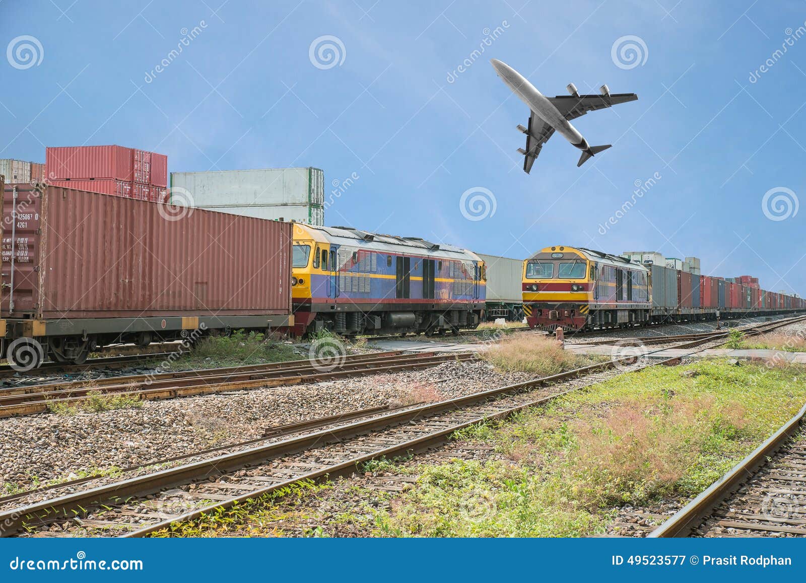 Freight Trains In Dock With Airplane For Logistics Background Royalty ...