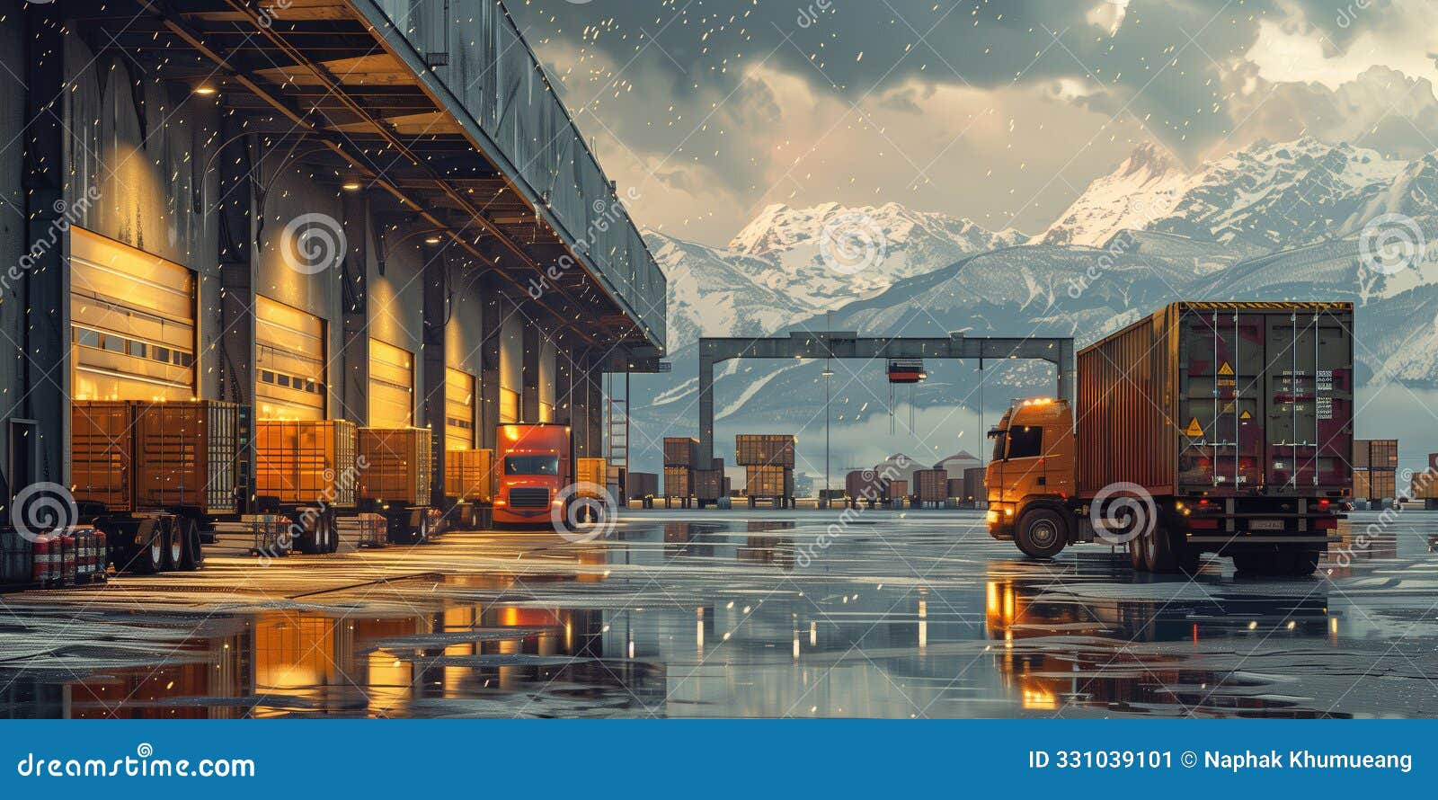 Freight Trucks at a Warehouse Loading Dock during a Gentle Snowfall ...