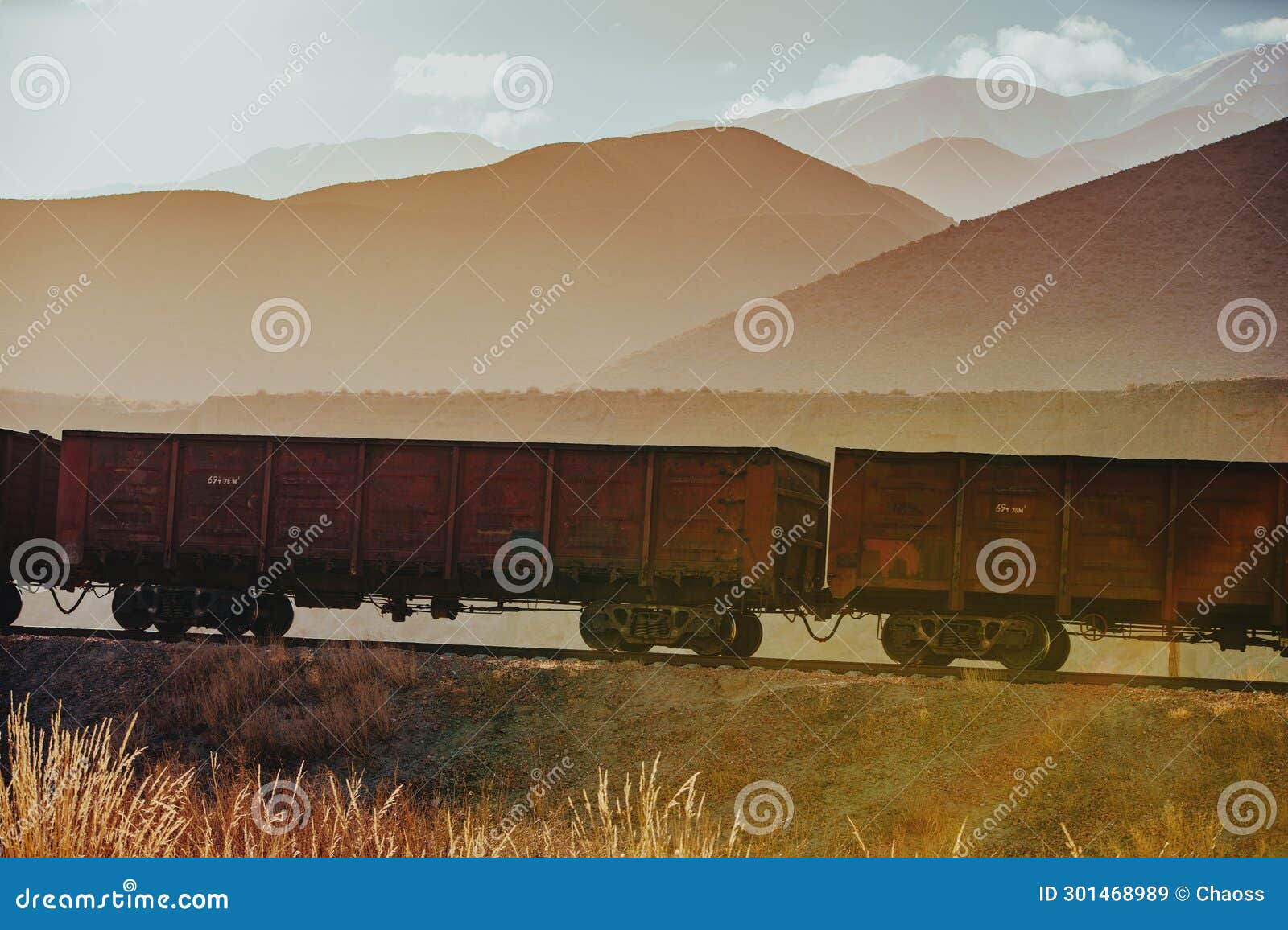 Freight Wagons on Mountains Background at Sunset Stock Image - Image of ...
