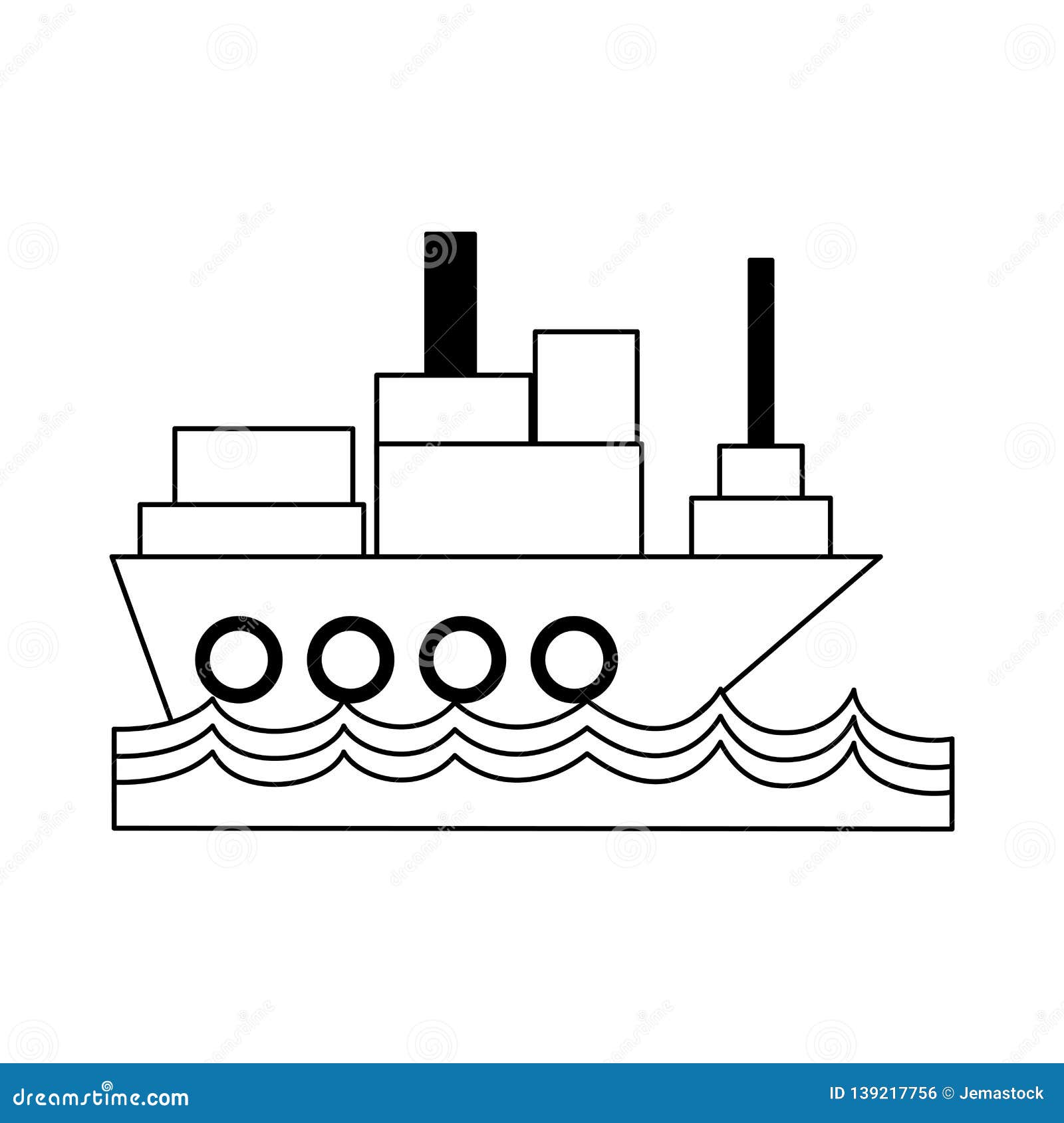 Freighter Ship with Container in the Sea Black and White Stock Vector ...