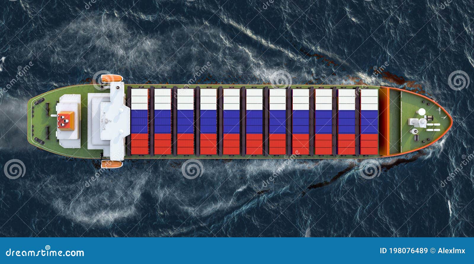 Freighter Ship with Russian Cargo Containers Sailing in Ocean, 3D ...