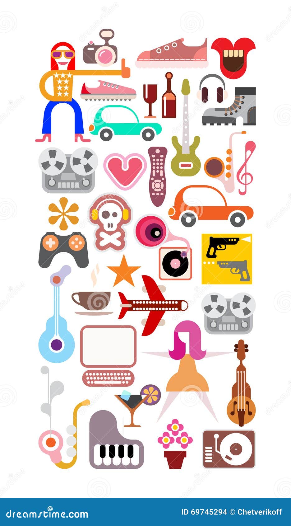 Freizeit-und Hobby-Collage vektor abbildung. Illustration von musik ...