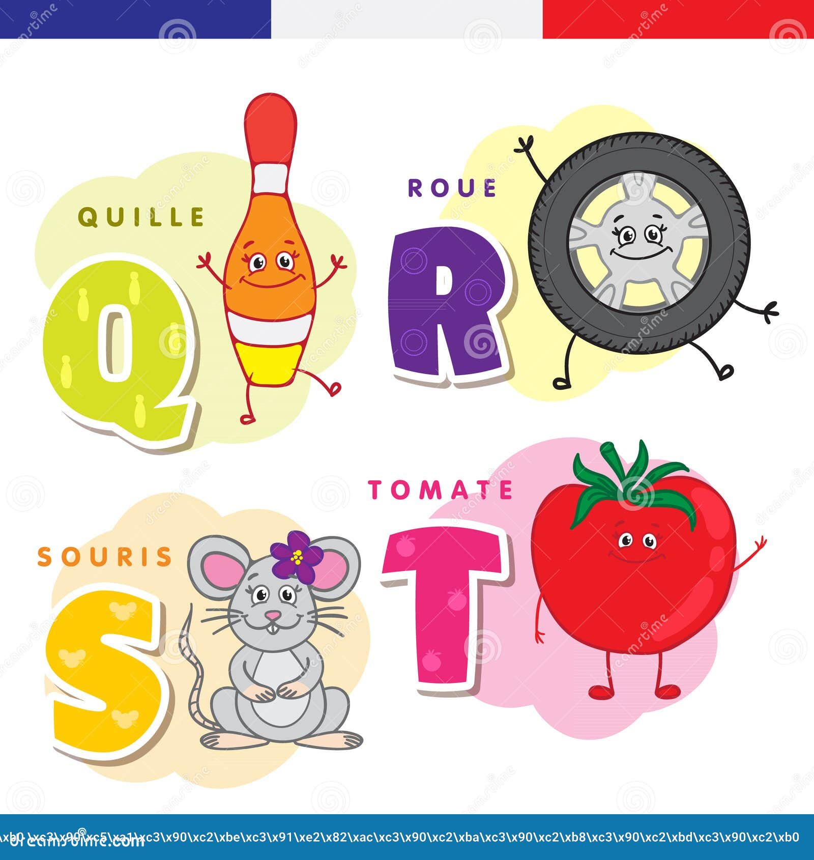French Alphabet. Unicorn, Violet, Rail Car. Vector Letters And ...