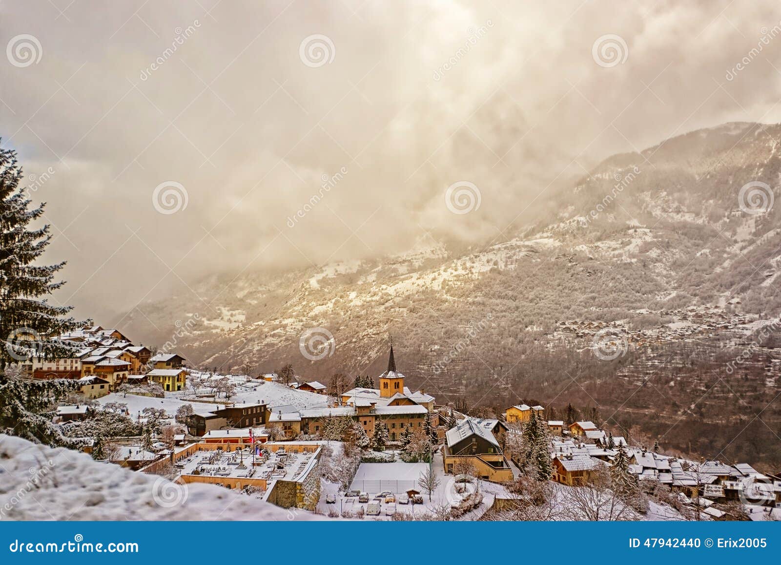 French Alpine Village Winter View Stock Photo - Image of clouds, snow ...