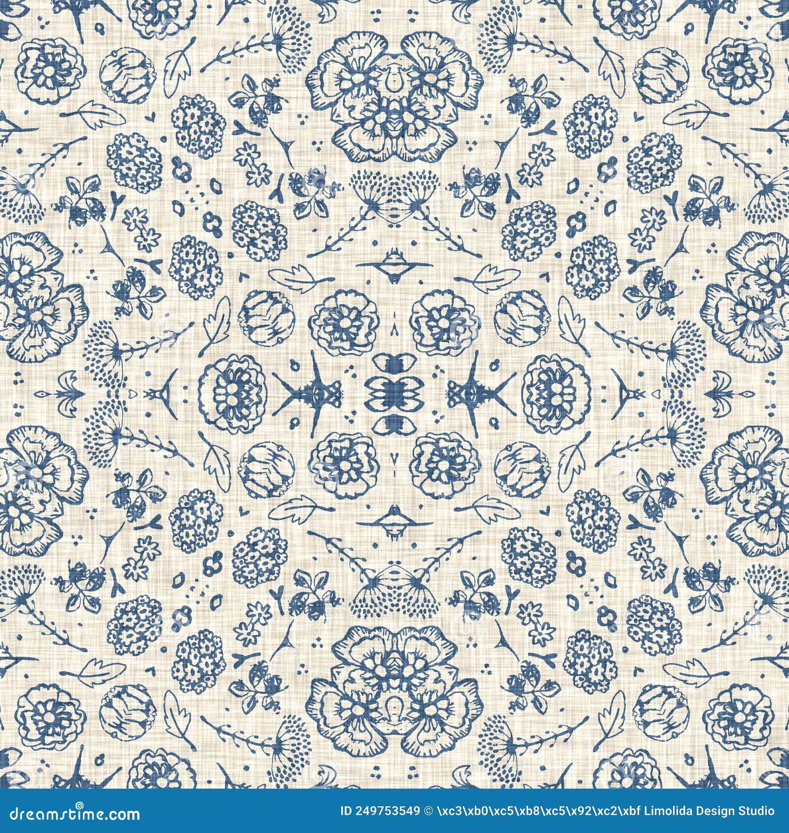 French Blue Floral French Printed Fabric Pattern For Shabby Chic Home