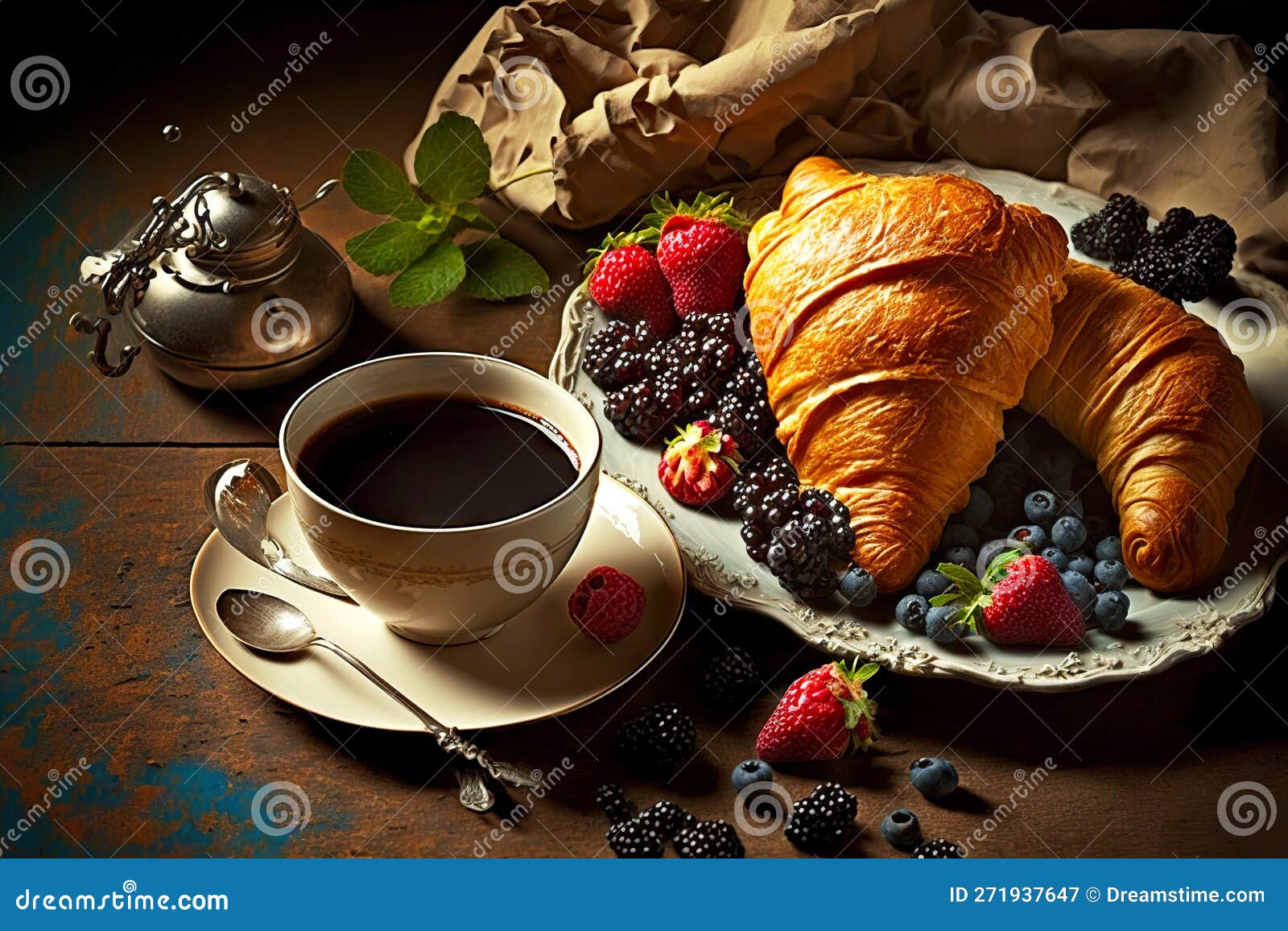 French Breakfast with Coffee Croissant and Berries Stock Illustration ...
