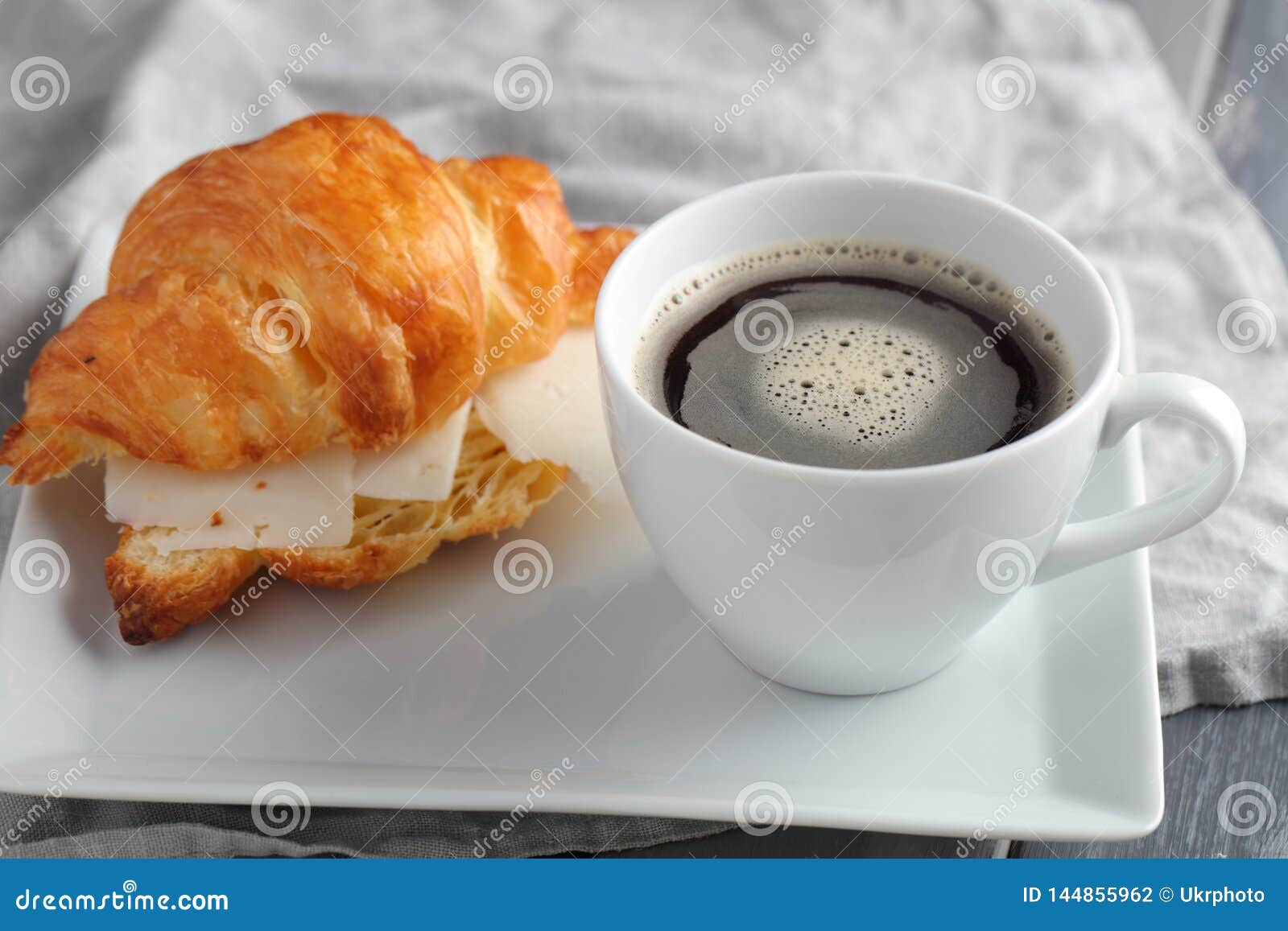 French Breakfast: Croissant Sandwich with Cheese and Coffee Stock Photo ...