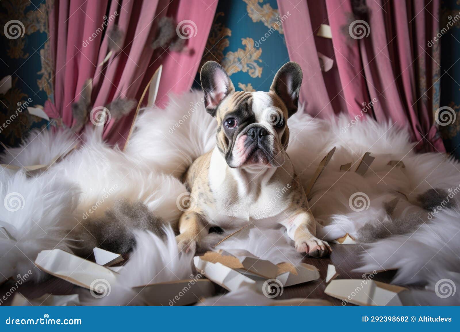 French Bulldog Lying on a Bed with a Torn Pillow, Feathers Scattered ...