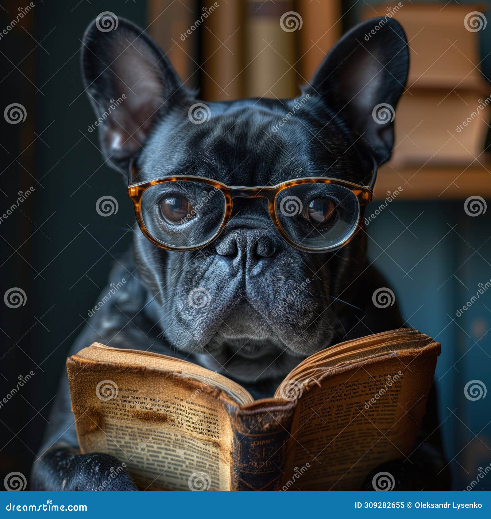 French Bulldog Reading a Book Stock Illustration - Illustration of book ...