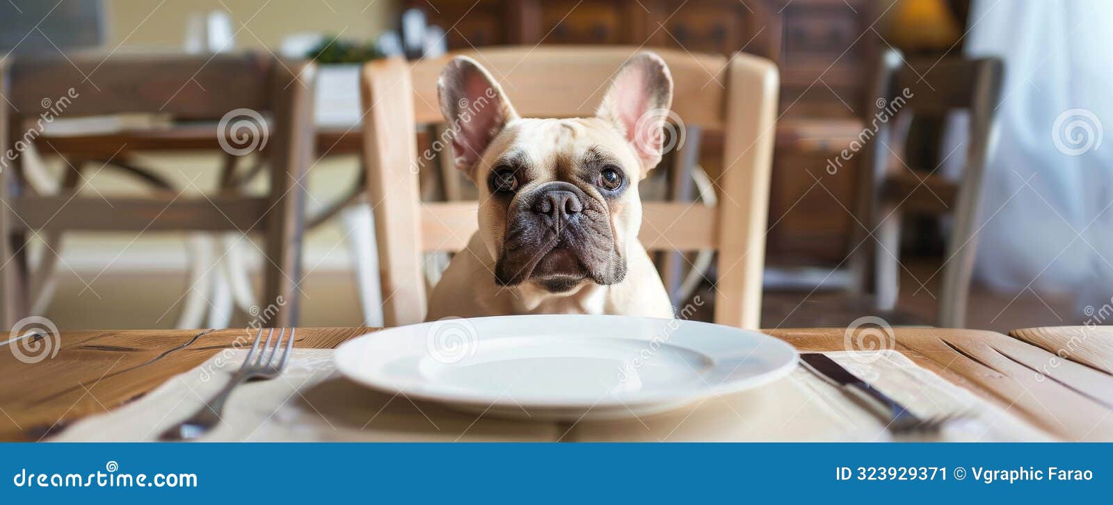 French Bulldog Sitting at Dining Table with Empty Plate, Home Interior ...