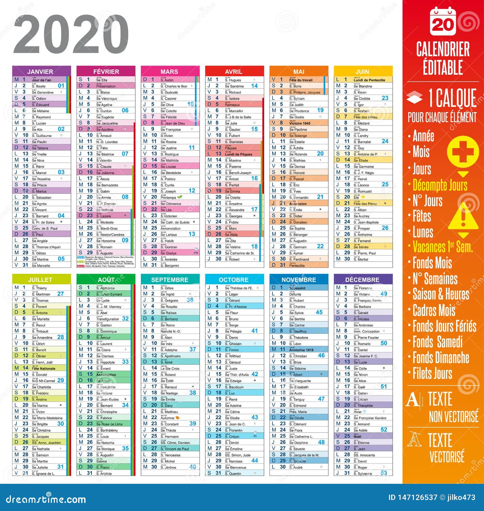 2020 French Calendar - Easy To Customize Stock Illustration ...