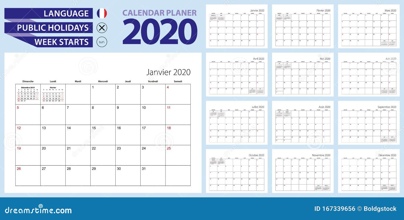 French Calendar Planner for 2020. French Language, Week Starts from ...