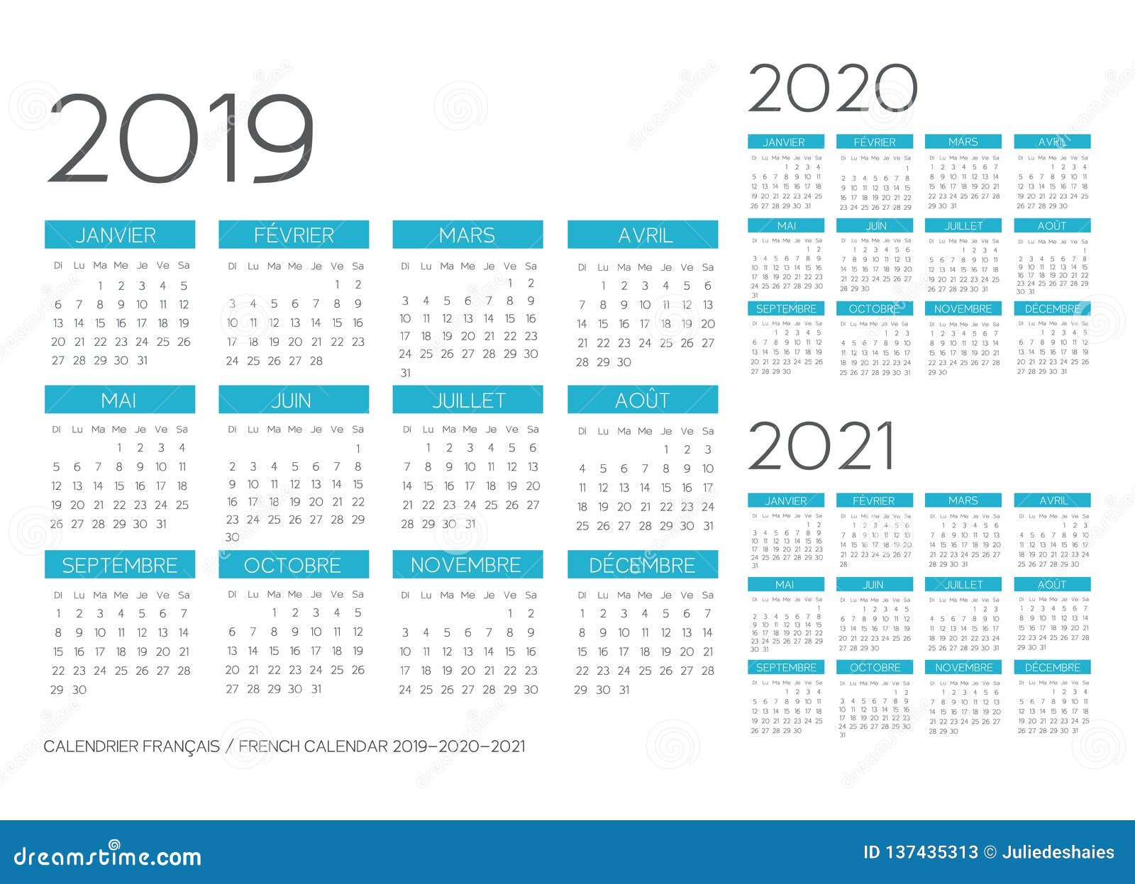French Calendar 2019-2020-2021 Vector Stock Vector - Illustration of ...