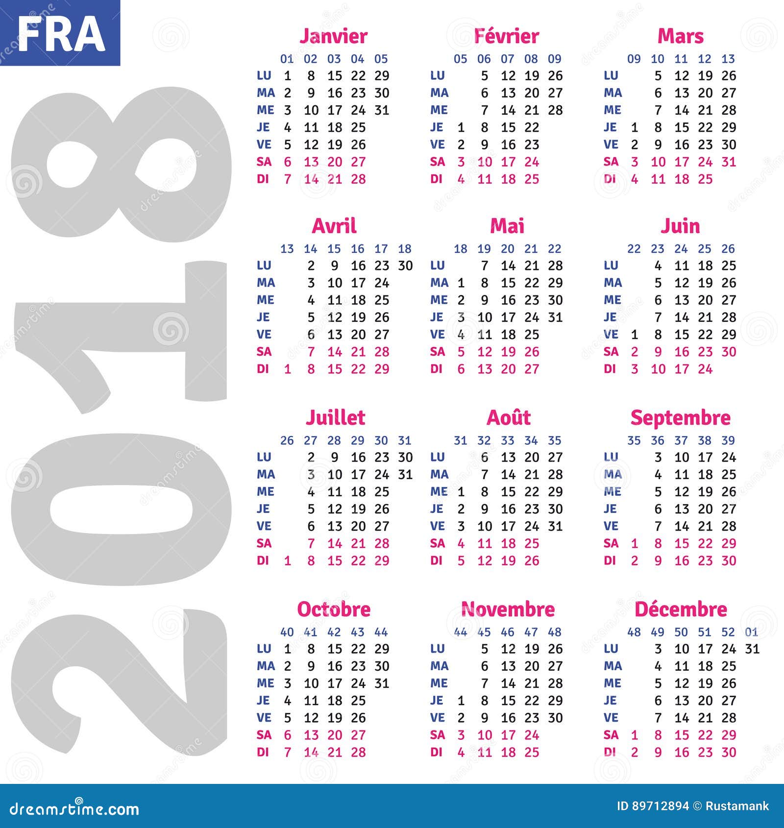 French calendar 2018 stock vector. Illustration of calendar - 89712894