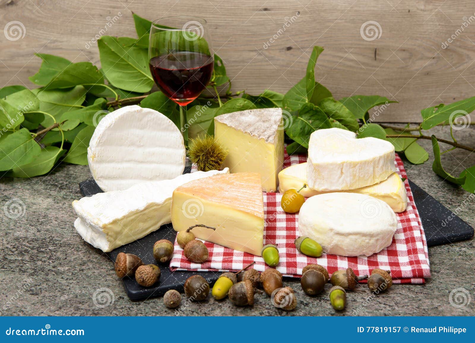 French Cheeses with a Glass of Red Wine Stock Image - Image of ...