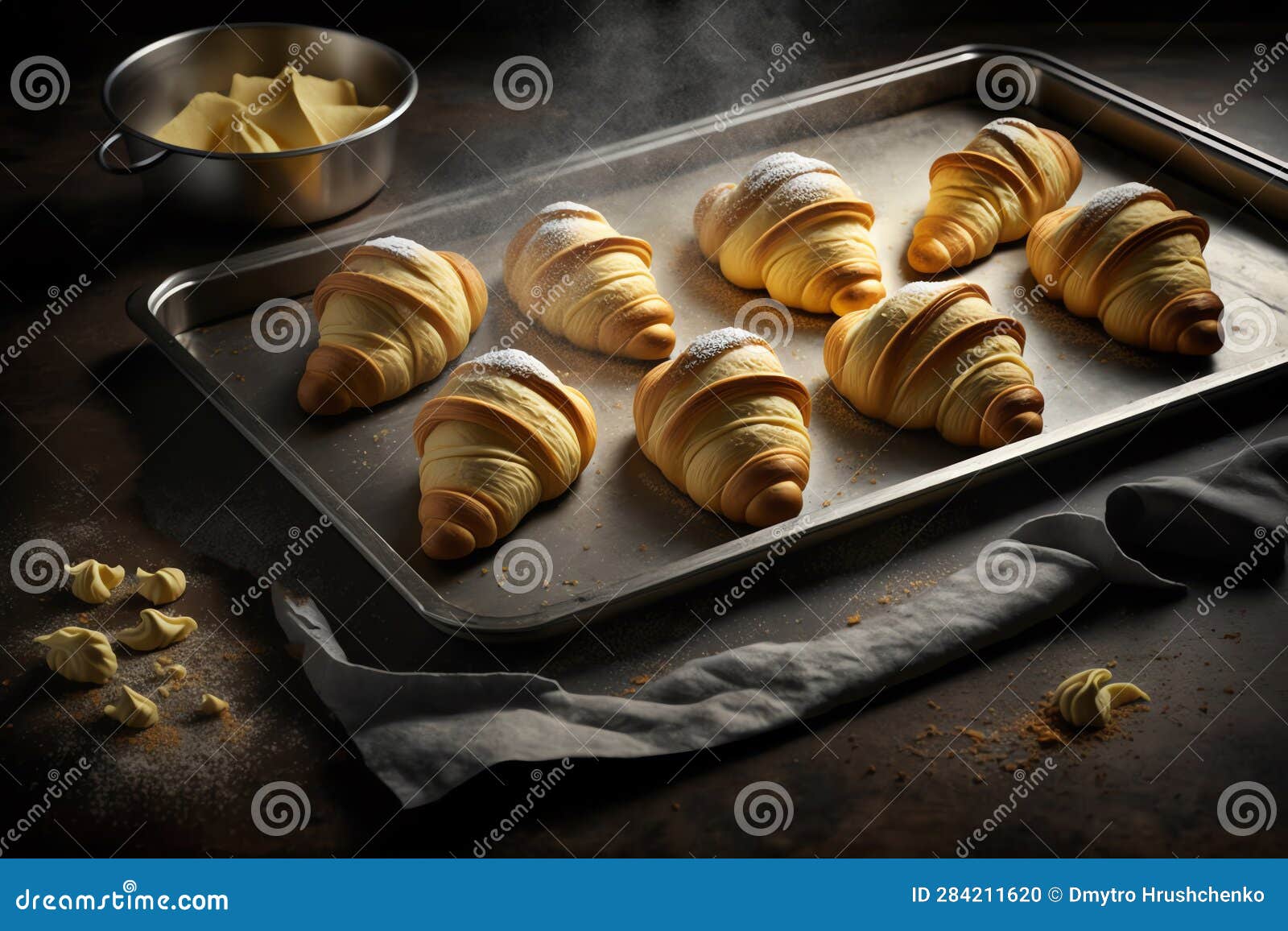 French Croissants on a Baking Sheet. Croissant in Bakery Stock ...
