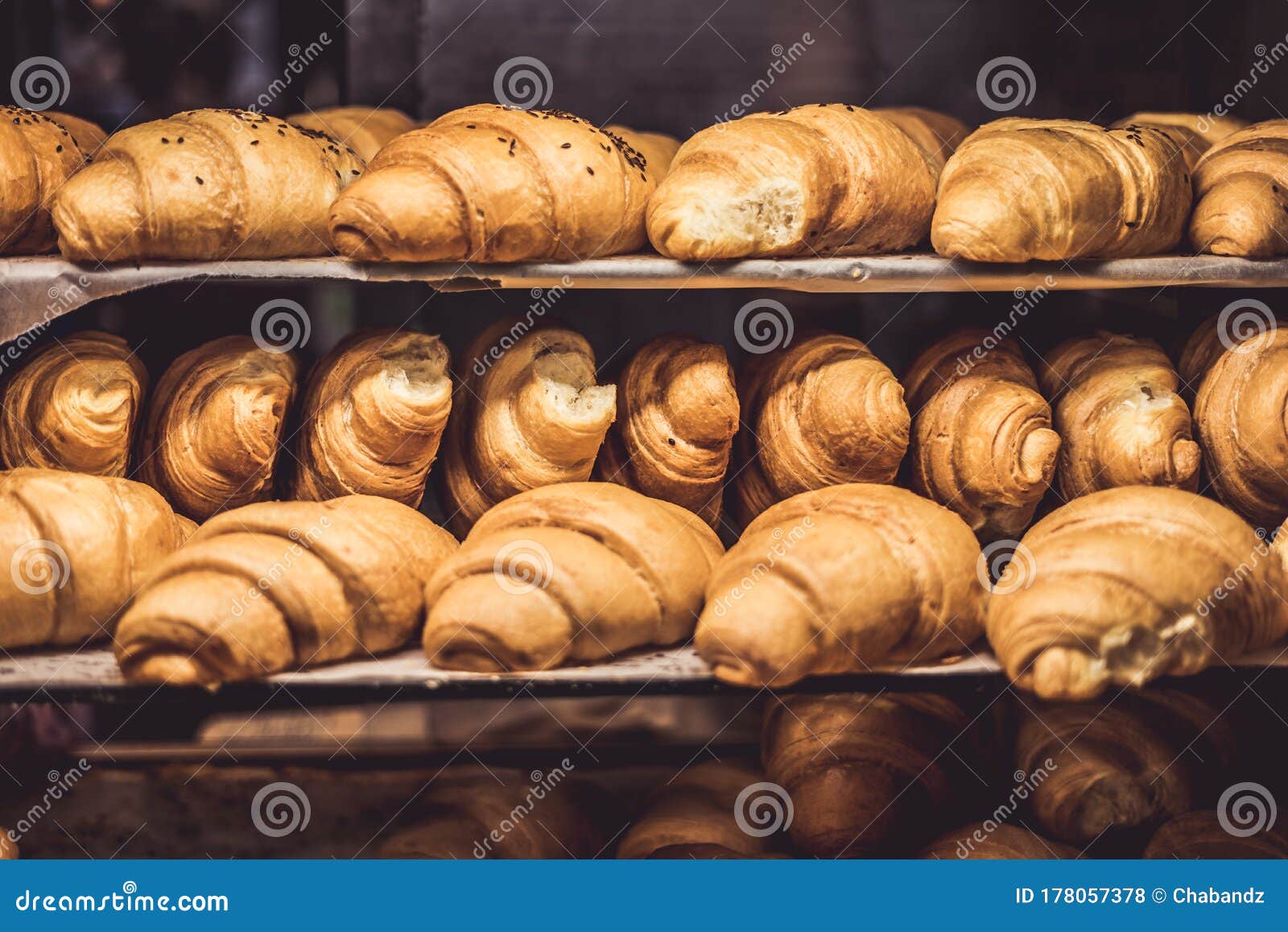French Croissants on a Showcase in a Bakery Shop Stock Photo - Image of ...