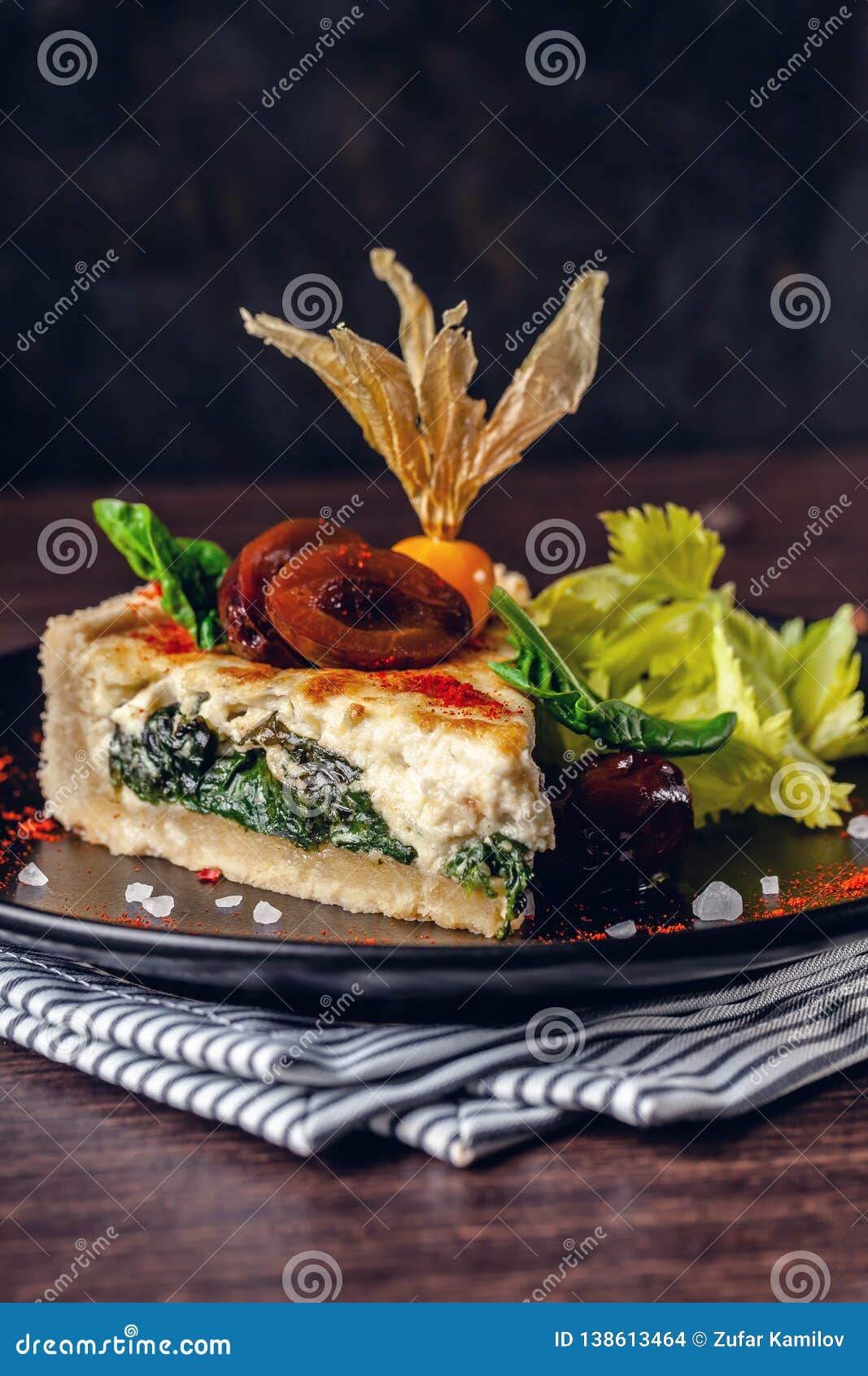 French Cuisine Concept. Closed Kish with Spinach Stock Photo - Image of ...