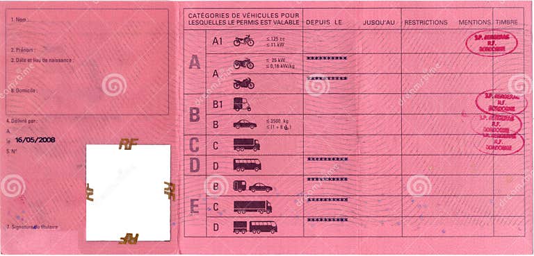 A French / European Driving License, Inside Page with Description of ...