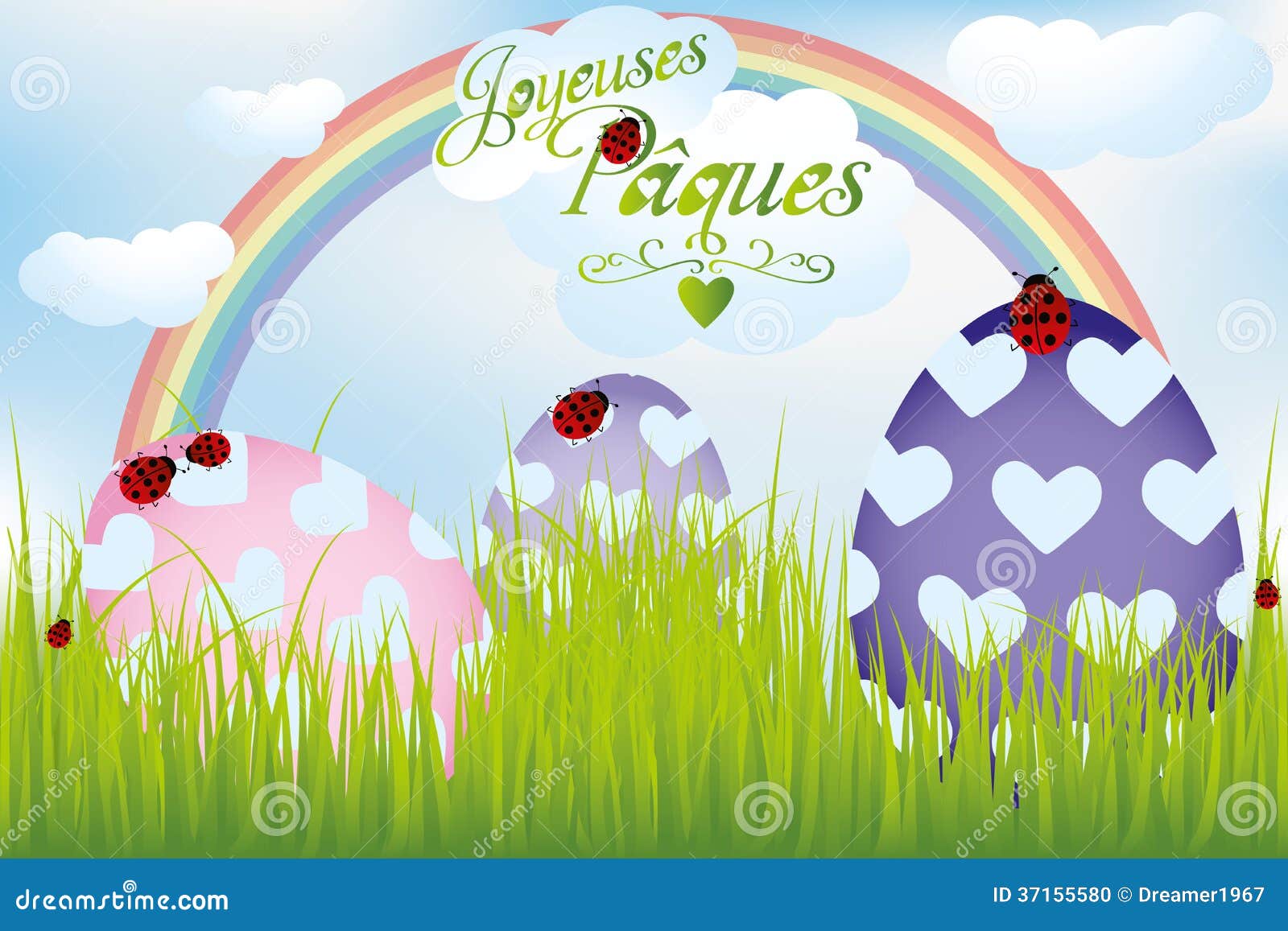 French Easter Card with Rainbow, Eggs in Green Grass and Ladybug Stock ...
