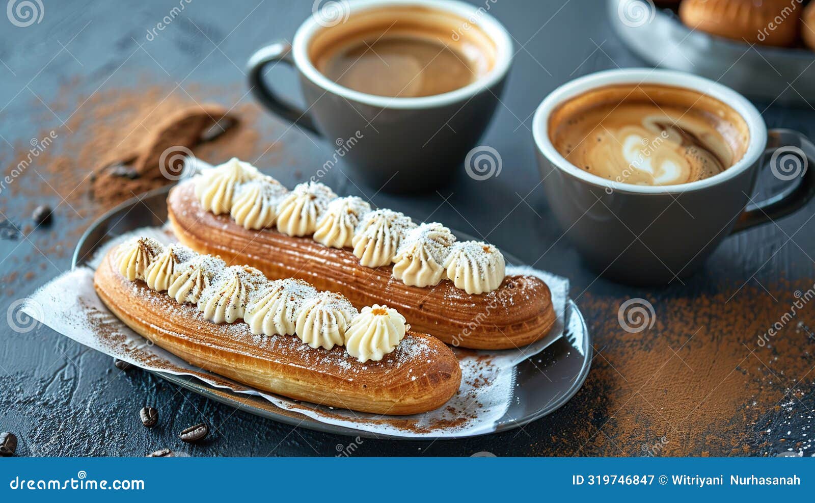 French Eclairs and 2 Cups of Coffee on the Table . Generative Ai Stock ...