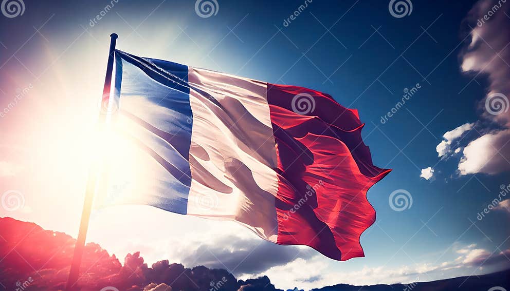 French Flag on Blue Sky Background. Generative AI Stock Illustration ...