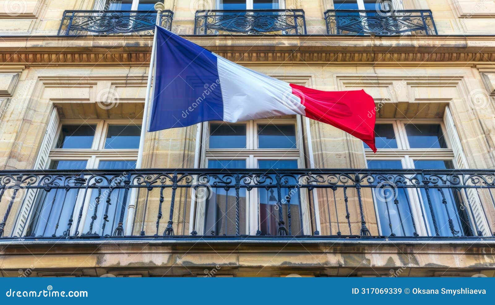 French Flag Waving from Classic Parisian Balcony Stock Image - Image of ...