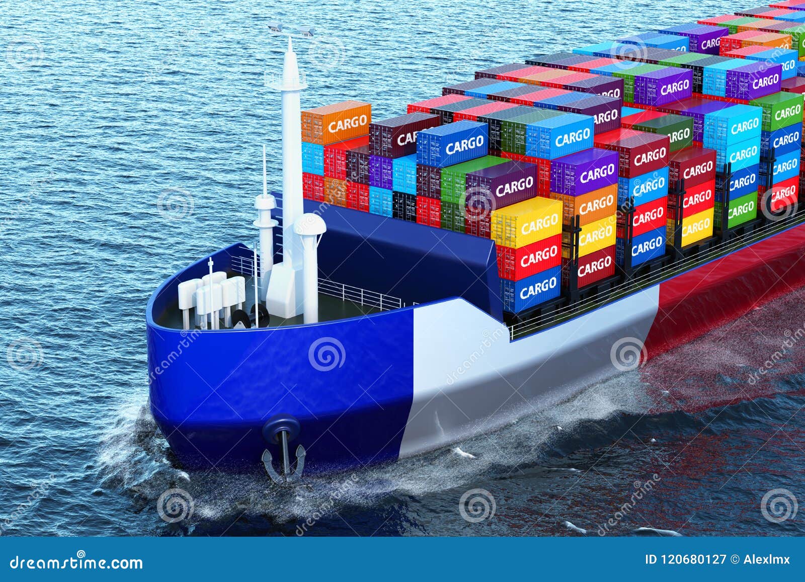 French Freighter Ship with Cargo Containers Sailing in Ocean, 3D ...