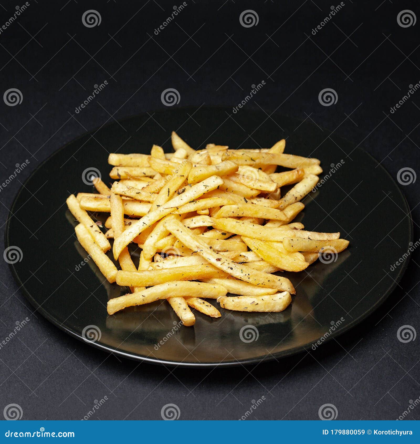 French Fries on a Black Plate on a Black Background Stock Image - Image ...