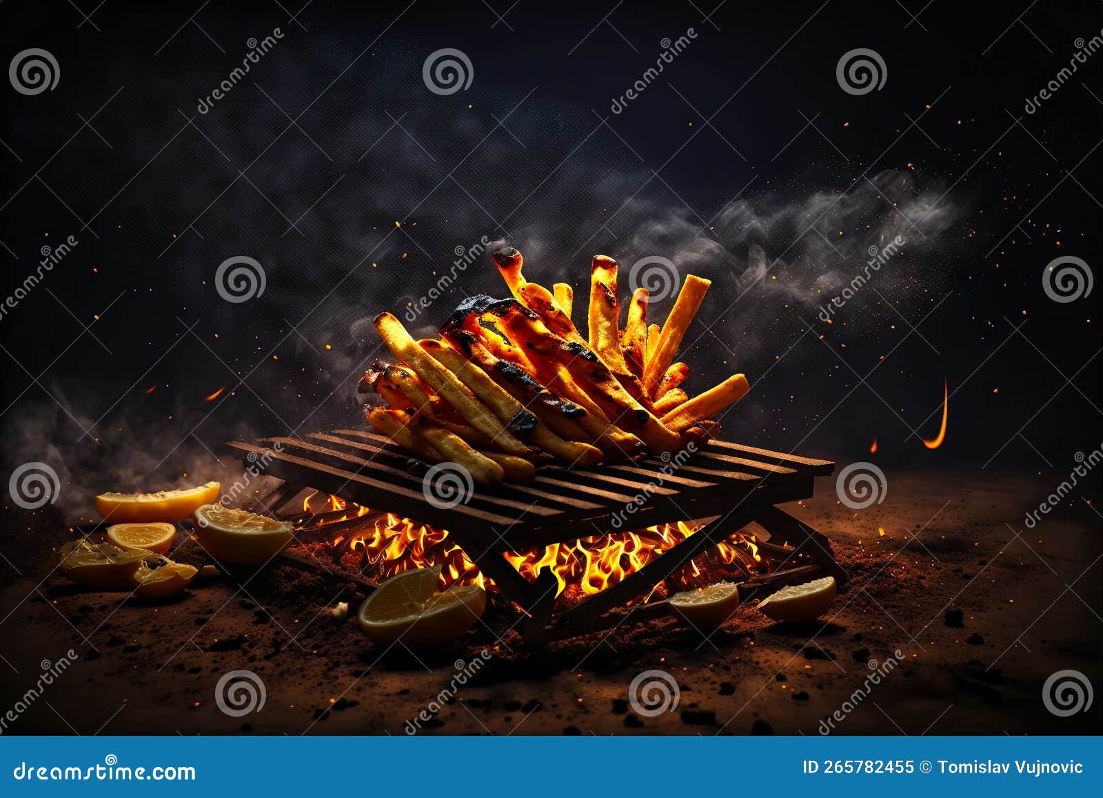 French Fries on a Grill with Smoke and Fire in the Background Stock ...