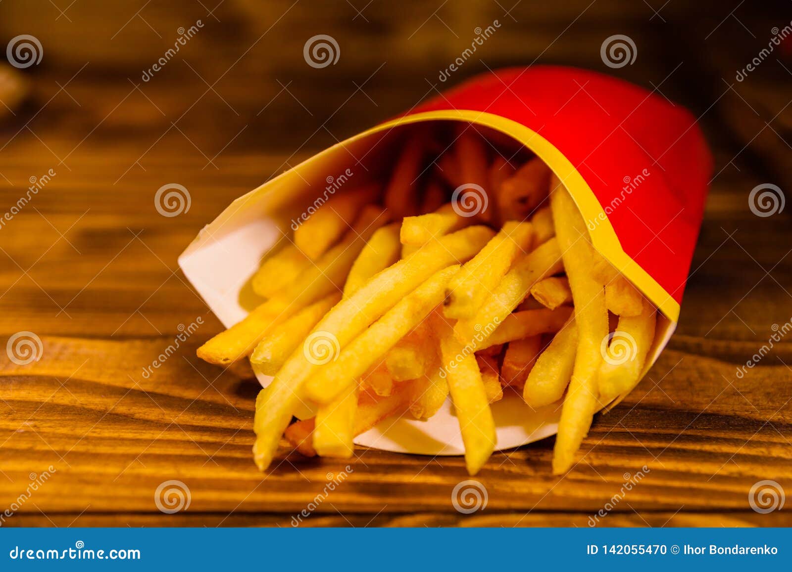 French Fries in Red Box on Wooden Table Stock Photo - Image of food ...