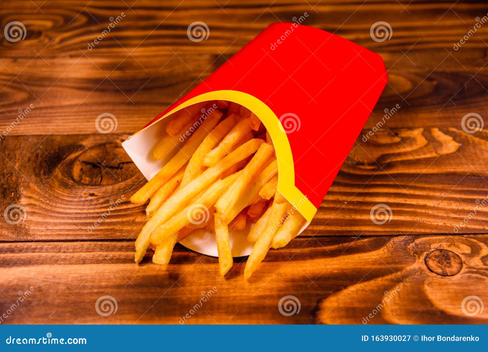 French Fries in Red Box on Wooden Table Stock Image - Image of calorie ...