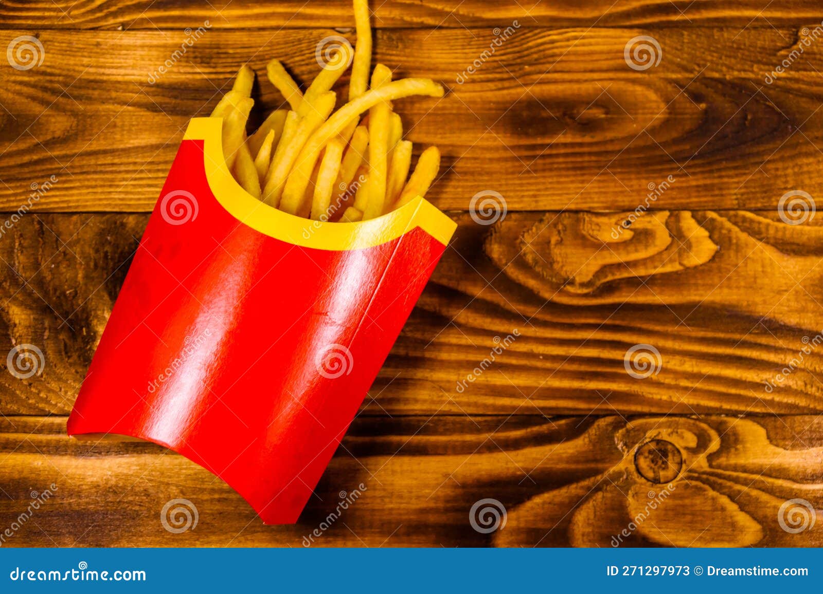 French Fries in Red Box on Wooden Table. Top View Stock Image - Image ...