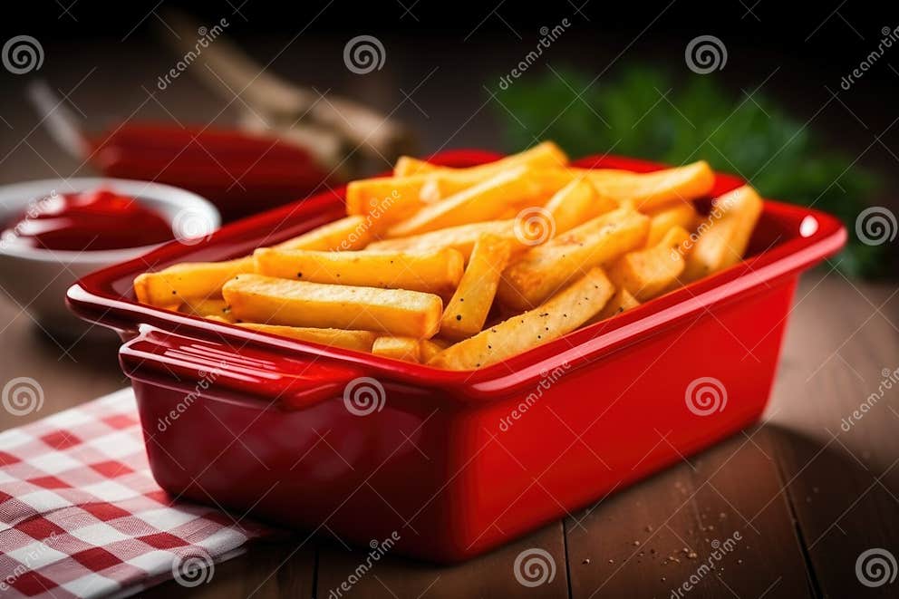 French Fries in Red, Rectangular Container Stock Image - Image of fried ...