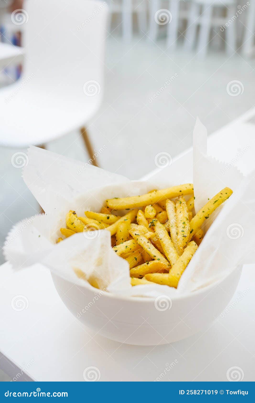 French Fries in a White Bowl on White Table Stock Image - Image of ...