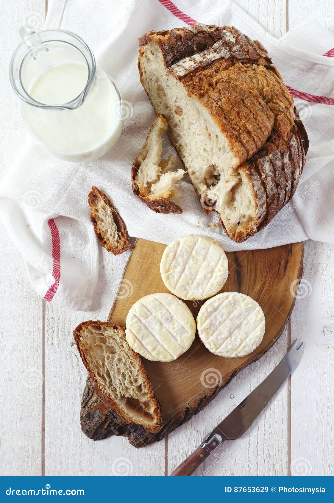 French Goat Cheese, Milk and Country Bread Stock Image - Image of newly ...