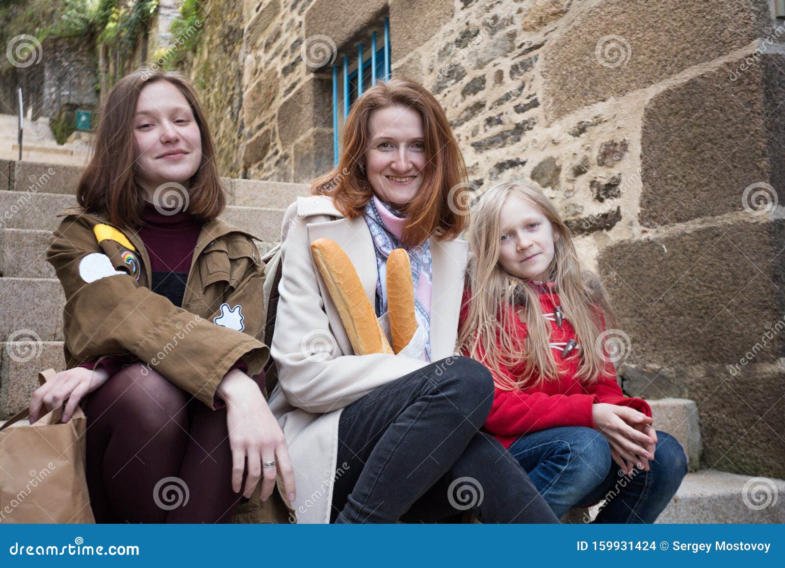 French Happy Mother and Daughters with Baguettes Stock Photo - Image of ...
