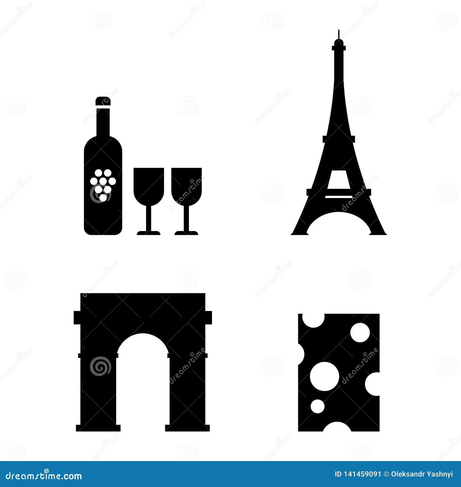 French Icons Set. Wine, Eiffel Tower, Triumphal Arch, Cheese. Vector ...