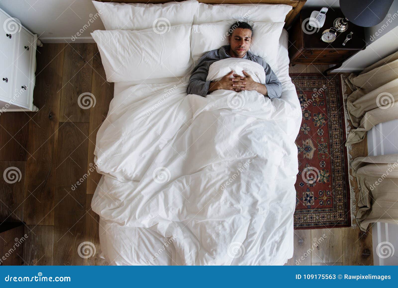 French Man Sleeping Alone on Bed Stock Image - Image of mature, america ...