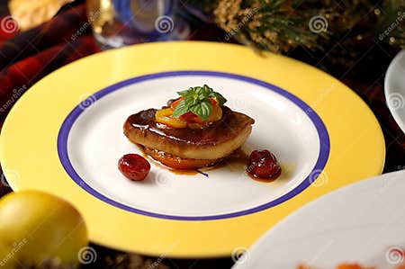 French Pan Fried Fresh Duck Liver with Wine Cherry Stock Image - Image ...