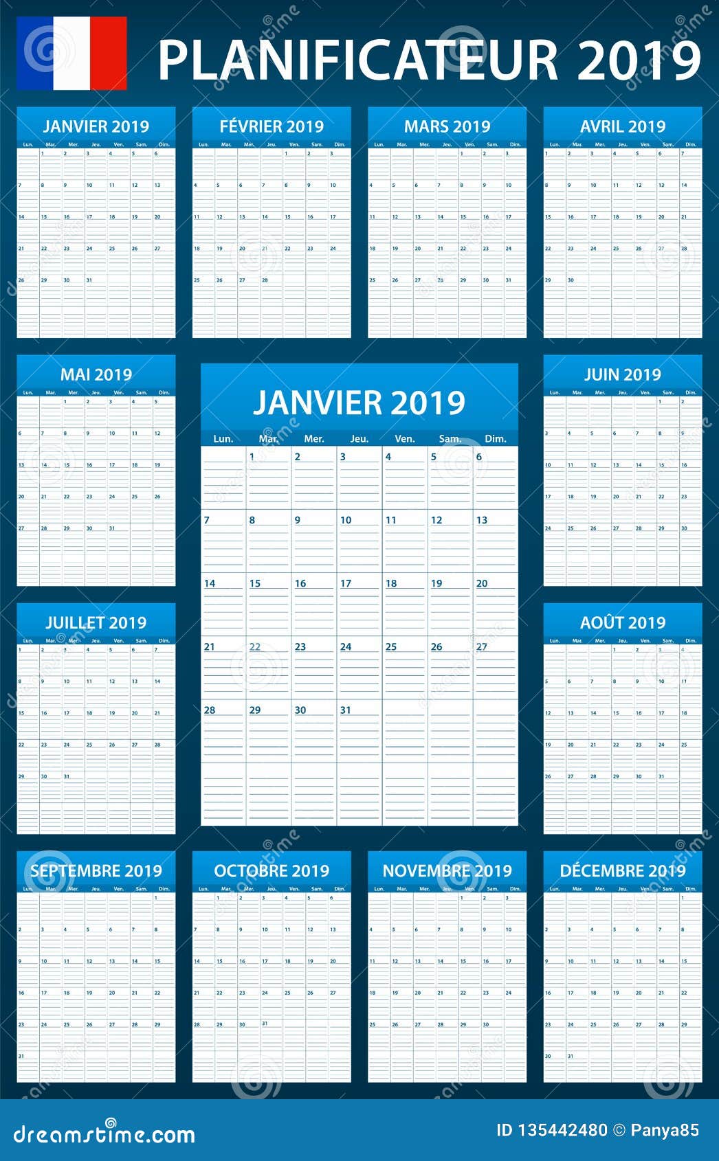 French Planner Blank for 2019. Scheduler, Agenda or Diary Template ...