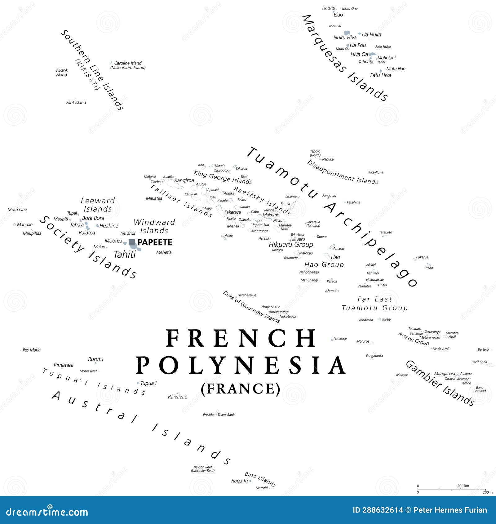 French Polynesia, Gray Political Map With Capital Papeete, On Tahiti ...