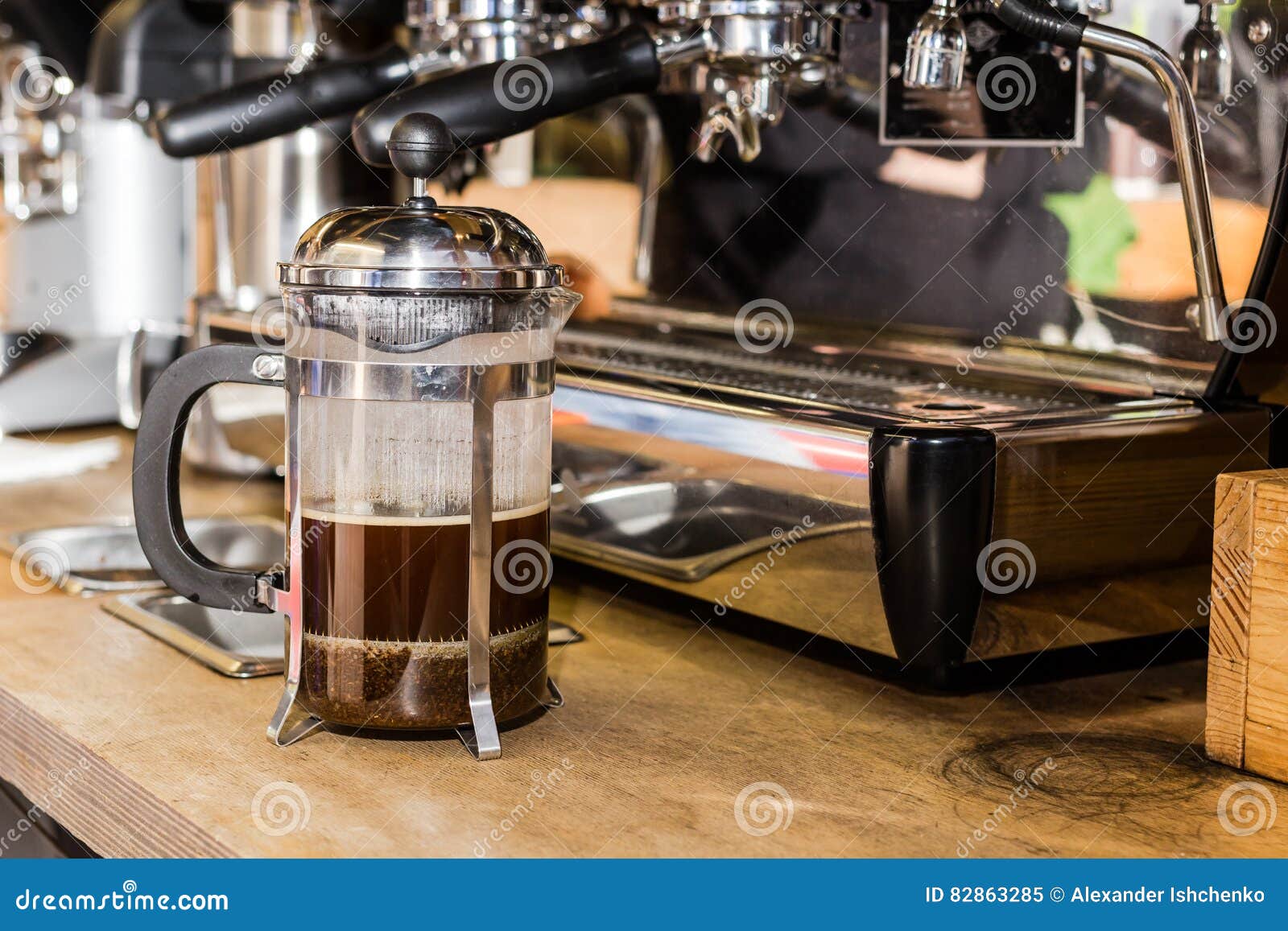 French Press Coffee Pot on Table. Stock Image - Image of filter ...