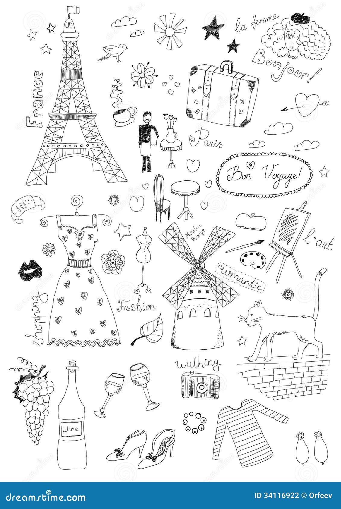 French Set stock vector. Illustration of eiffel, coffee - 34116922