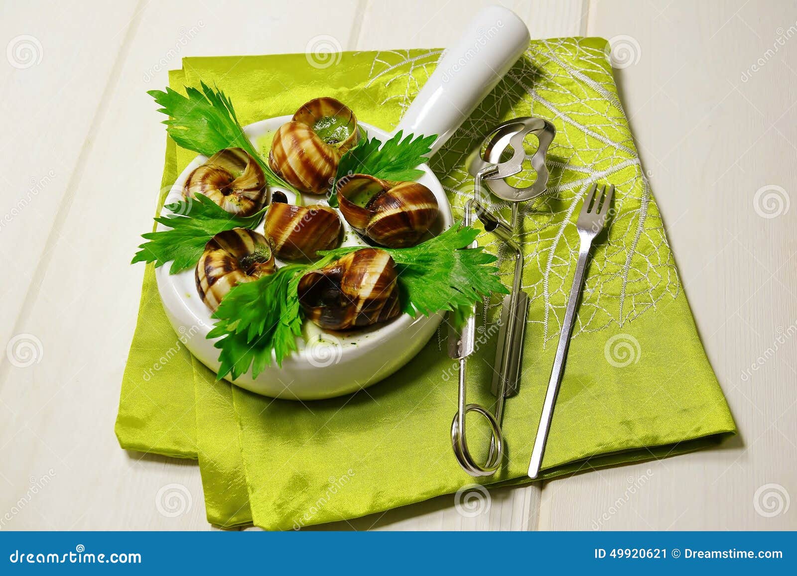 French snails stock image. Image of fork, green, dish - 49920621